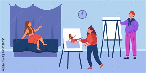 Male And Female Cartoon Artists Drawing Nude Woman In Art Class People
