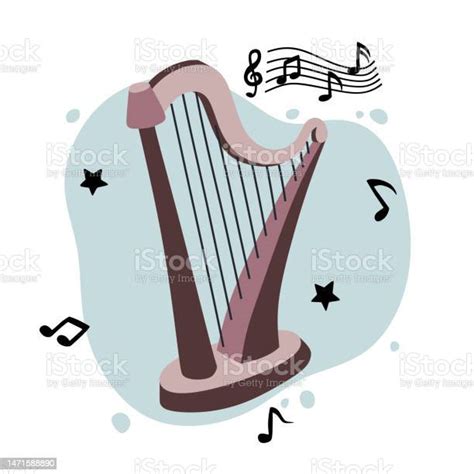 하프와 음악 노트 클래식 현악기 귀여운 평면 만화 스타일 하프 아이콘입니다 벡터 그림 Classical Concert에 대한