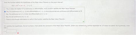 Solved Does The Function Satisfy The Hypotheses Of The Mean