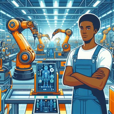 Illustration Of Advanced Ai Robotic Assembly Line In A Futuristic Factory Working Alongside