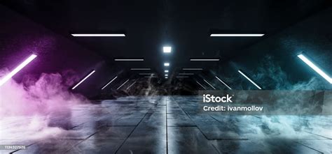 연기 안개 공상 과학 Fi 미래 추상 보라색 블루 네온 Led 레이저 외계인 우주선 반사 콘크리트 어두운 빈 화이트 빛나는