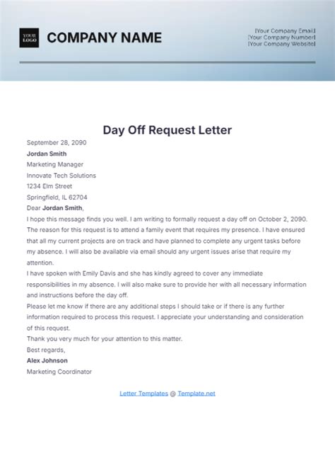 Free Day Off Request Letter Template To Edit Online