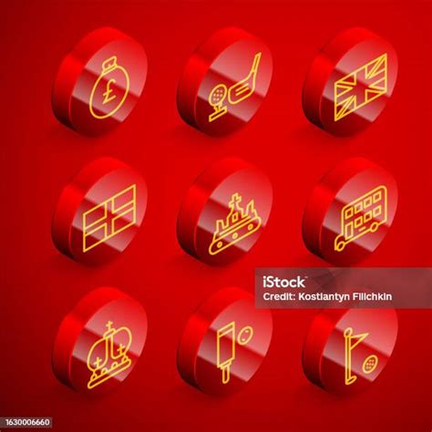 파운드 골프 클럽 볼 티 영국 영국 왕관 2층 버스 나무 크리켓 박쥐 아이콘의 국기가 있는 라인 머니 백을 설정합니다 벡터 3차원 형태에 대한 스톡 벡터 아트 및 기타