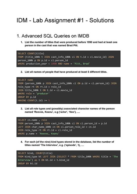 Idm Lab Assignment 1 Solutions Idm Lab Assignment 1 Solutions 1 Advanced Sql Queries On