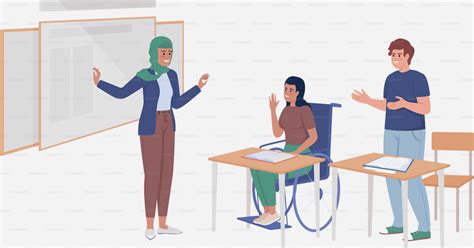 학교 수업 세미 플랫 컬러 벡터 문자입니다 편집 가능한 그림 흰색에 전신 사람들 학생과 교사는 웹 그래픽 디자인 및 애니메이션을 위한 간단한 만화 스타일의