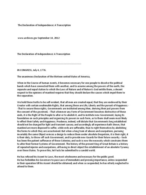 The Declaration Of Independence A Transcription Natural And Legal