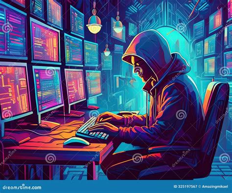 Hacker In Dark Room Illuminated By Multiple Computer Screens Typing On