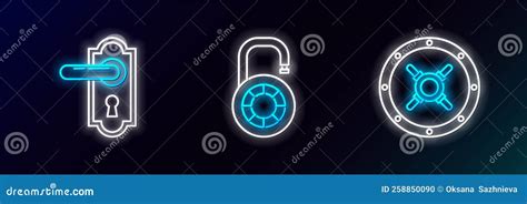 Set Line Safe Door Handle And Combination Lock Wheel Icon Glowing Neon Vector Stock Vector