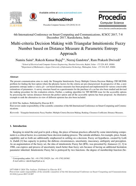 Pdf Multi Criteria Decision Making With Triangular Intuitionistic