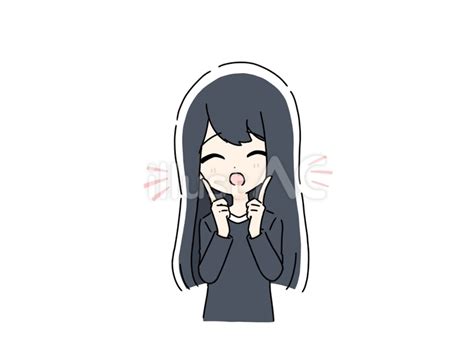 頬に指を当てて笑う黒髪ロングの女性イラスト No 23488141／無料イラストフリー素材なら「イラストac」