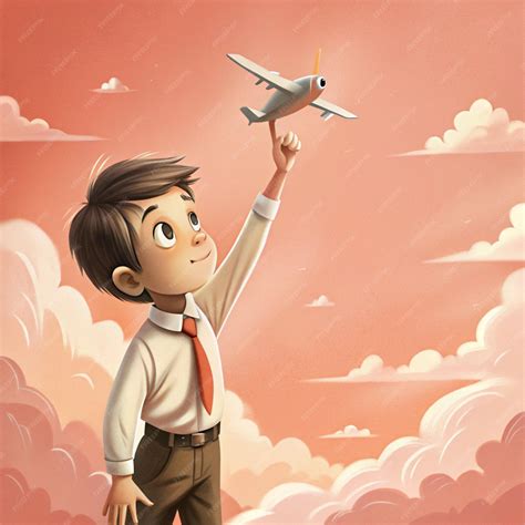 A Cartoon Of A Boy Pointing To A Plane With A Plane In The Background