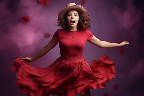 Young Woman In Red Dress Jumping Premium Ai Generated Image