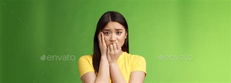 Innocent Insecure Timid Asian Scared Girl Panicking Standing Afraid Victim Terrified Touch