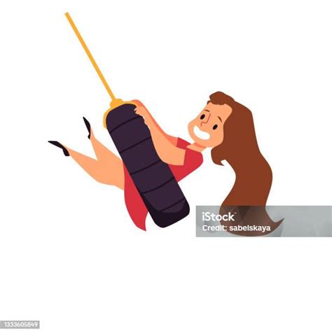 스윙을 즐기는 행복한 미소 소녀 플랫 만화 벡터 일러스트 고립 공원에 대한 스톡 벡터 아트 및 기타 이미지 공원 밧줄
