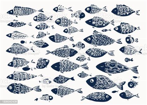 진한 파란색의 양식에 일치시키는 물고기 세트 디자인 템플릿에 대한 밝은 배경에 윤곽없이 점과 선의 패턴과 만화 스타일로 그려진 바다 물고기의 고립 된 요소 물고기에 대한