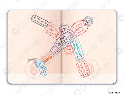 Realistic Open Foreign Passport With Many Bright Colorful Immigration