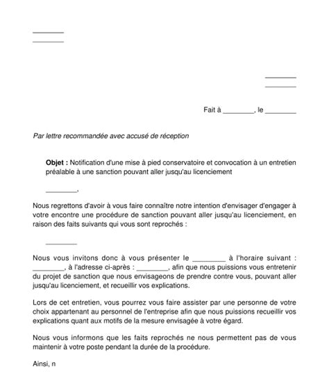 Exemple de Mise a Pied à Titre Conservatoire Licenciement pour Faute