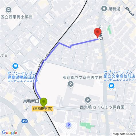 巣鴨新田駅から西巣鴨音楽堂へのルートマップ Mdata