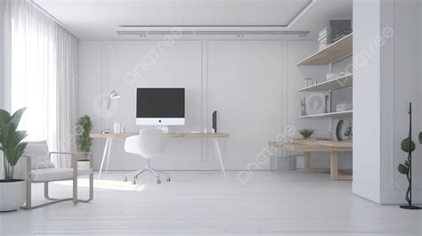 明亮而現代的工作區 配有書桌和電腦 在客廳的 3d 室內渲染中 极简房间 3d房间 室内建筑背景圖片和桌布免費下載