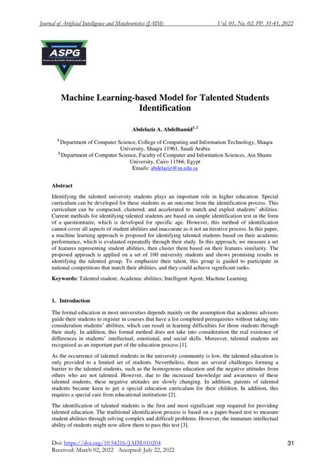 PDF Machine Learning Based Model For Talented Students Identification