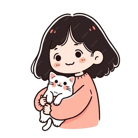 Premium Photo Cartoon Girl Holding A Cat In Her Arms Generative Ai