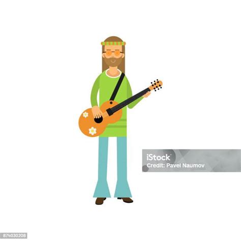 플랫 만화 남자 히피 기타와 함께 서 서입니다 긴 머리를 가진 평온한 수염된 남자 파란색과 녹색 60 년대 입은 히피