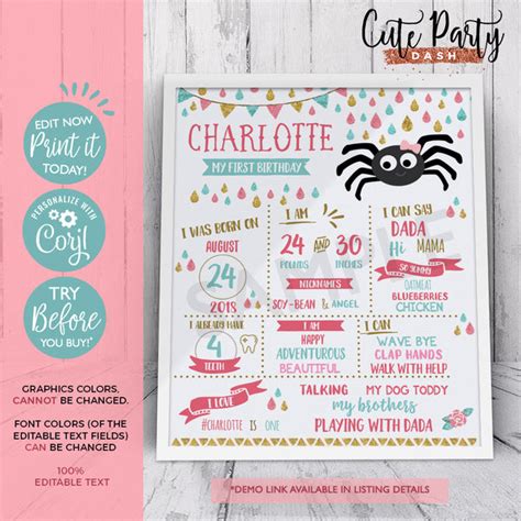 Editable Itsy Bitsy Spider First Birthday Girl Invitation Pink Teal G