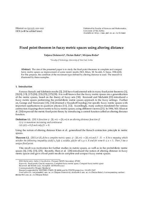 Pdf Fixed Point Theorem In Fuzzy Metric Spaces Using Altering Distance
