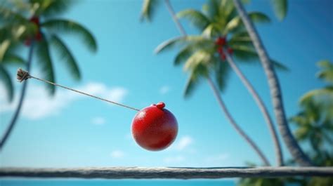 Una bola roja está atrapada en una valla de madera con palmeras al