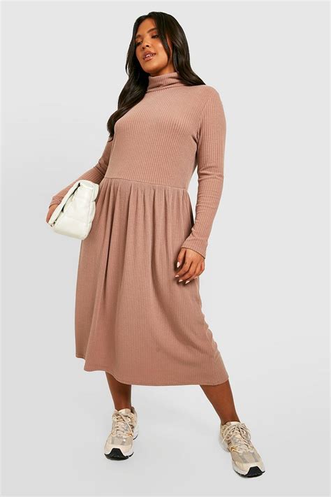 Plus Turtleneck Long Sleeve Soft Rib Midi Smock Dress Boohoo Usa