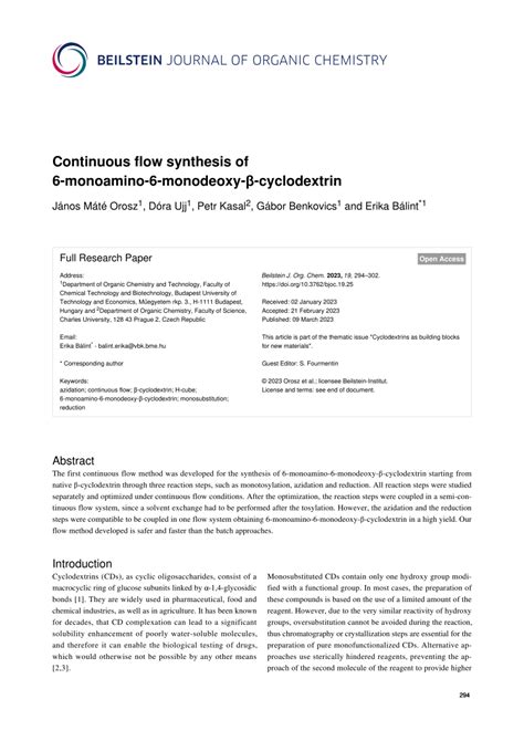 Pdf Continuous Flow Synthesis Of 6 Monoamino 6 Monodeoxy β Cyclodextrin Pdf Continuous Flow Synthesis Of 6 Monoamino 6 Monodeoxy β Cyclodextrin