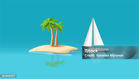 바다에 야자수와 요트가 있는 관광 섬의 벡터 3d 그림 Uninhabeted 섬 생태 관광 휴가 디지털 생성 이미지에 대한 스톡 벡터 아트 및 기타 이미지 Istock