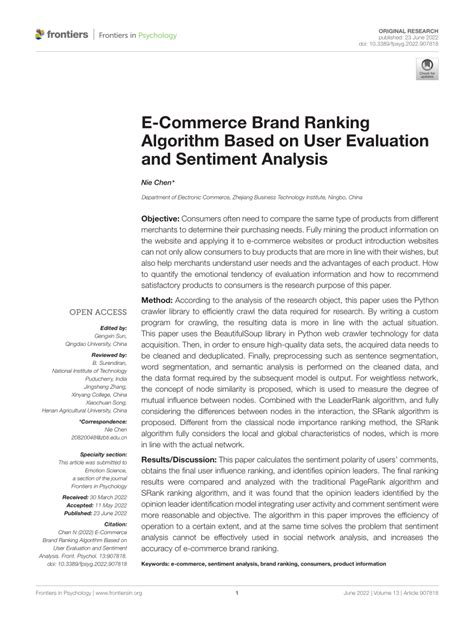 Pdf E Commerce Brand Ranking Algorithm Based On User Evaluation And Sentiment Analysis