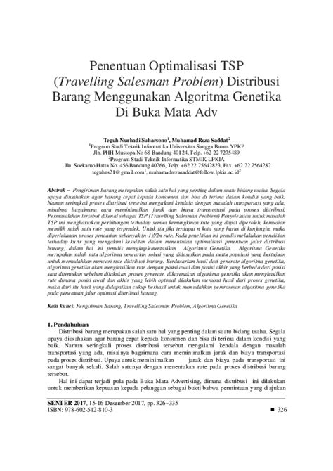 Pdf Penentuan Optimalisasi Tsp Travelling Salesman Problem