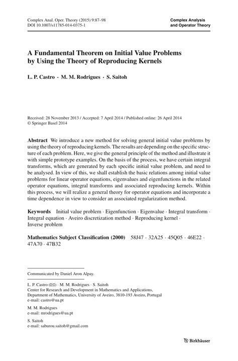 Pdf A Fundamental Theorem On Initial Value Problems By Using The Theory Of Reproducing Kernels