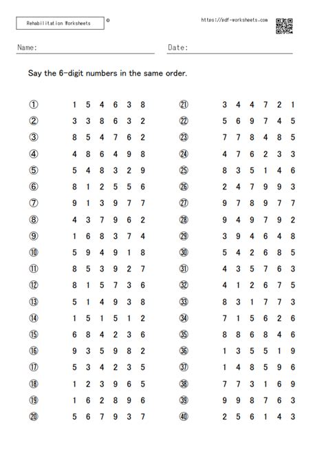 digit span task forward rehabilitation worksheets
