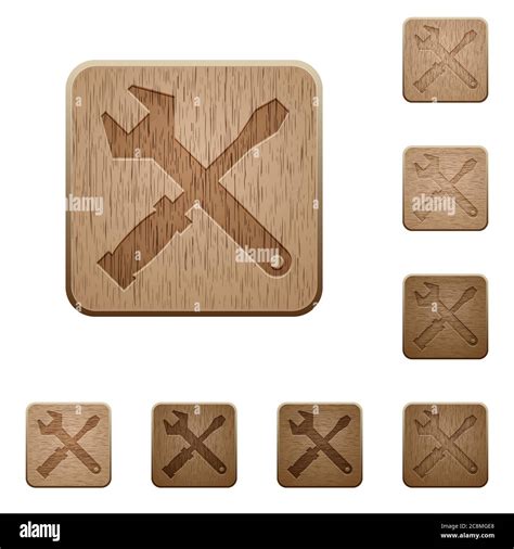 Set Of Carved Wooden Tools Buttons Variations Included Arranged Layer Structure Stock Vector
