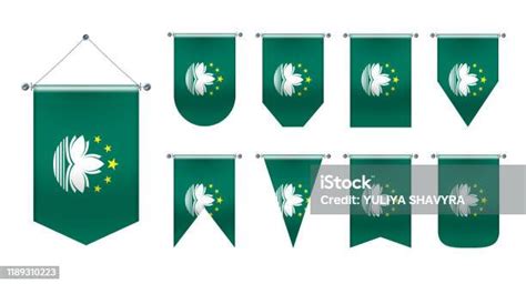 마카오의 매달려 플래그의 집합입니다 국가의 국기의 다양성 모양 배경 여행 배너 웹 로고 상 업적 축제 카니발용 수직 템플릿 페넌트 3차원 형태에 대한 스톡 벡터 아트 및