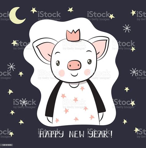 행복 한 돼지입니다 중국 새 해 2019입니다 인사말 카드입니다 조디악 로그인 만화 손으로 그린 벡터 일러스트 레이 션