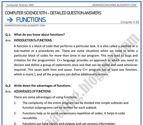Adamjee Coaching Functions Detailed Question Answers Computer Science 10th