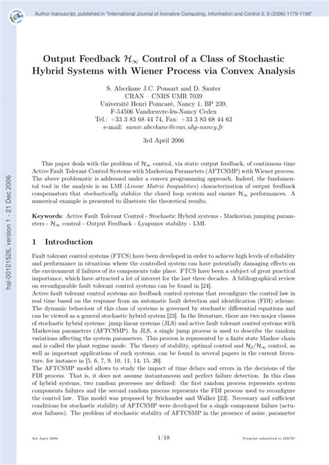 Pdf Static Output Feedback H Infinity Control Of A Class Of Stochastic Hybrid Systems With