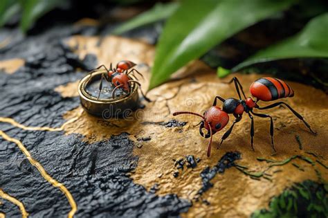Close Up Of Red Ants Exploring A Gold And Black Surface With One Ant