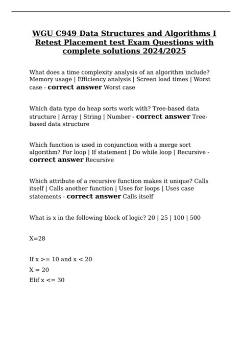 Wgu C949 Data Structures And Algorithms I Retest Placement Test Exam