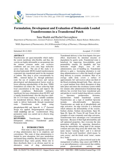 Pdf Formulation Development And Evaluation Of Budesonide Loaded Transferosomes In A