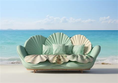 Premium Ai Image Sofa Green Seashells Beach Memaid Style Sofa With
