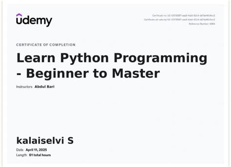 Python Programming Learningjourney Udemy Certification Kalaiselvi S