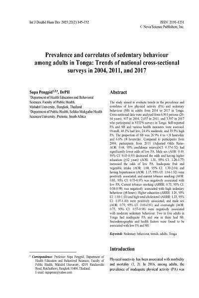 Prevalence And Correlates Of Sedentary Behaviour Among Adults In Tonga Trends Of National Cross