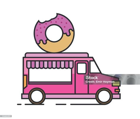 길거리 푸드 트럭 도넛 트럭 다채로운 평면 라인 일러스트 거리에 대한 스톡 벡터 아트 및 기타 이미지 거리 교통수단 기계류 Istock