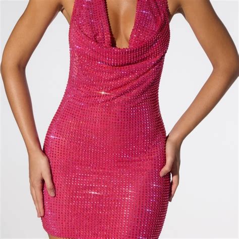 Oh Polly Dresses Embellished Extreme Cowl Neck Halter Mini Dress In