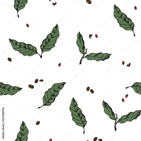 Illustrated Etching Style Pattern Matrix With Coffee Leaves And Beans